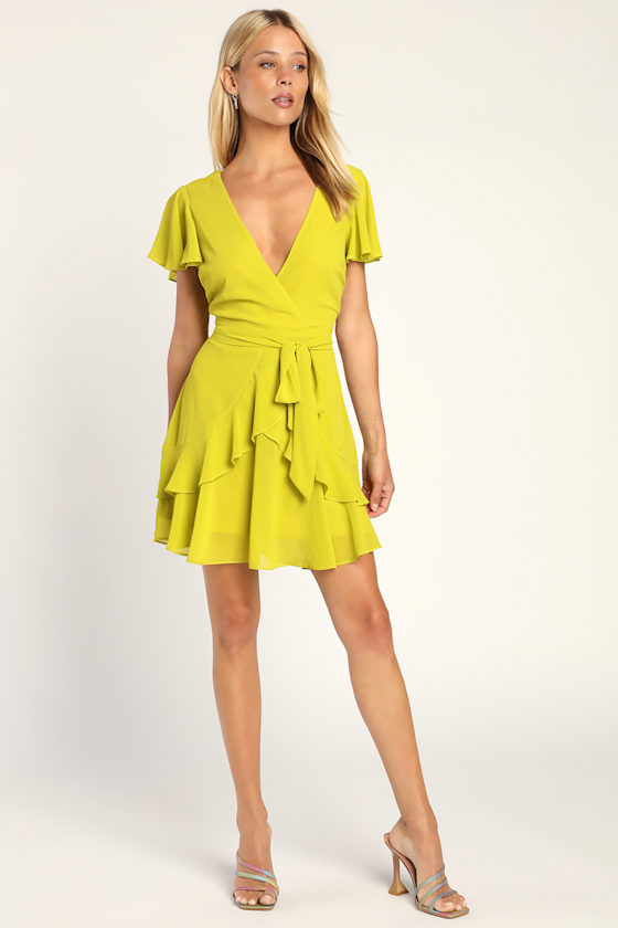 Lime Green Dress - Faux Wrap Dress - Ruffled Mini Dress - Lulus