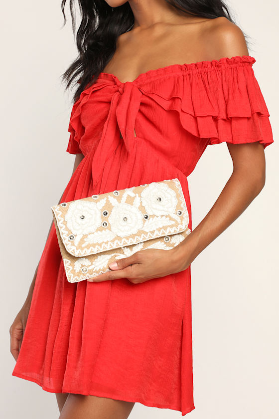 Tan and White Clutch - Embroidered Woven Clutch - Beaded Clutch - Lulus