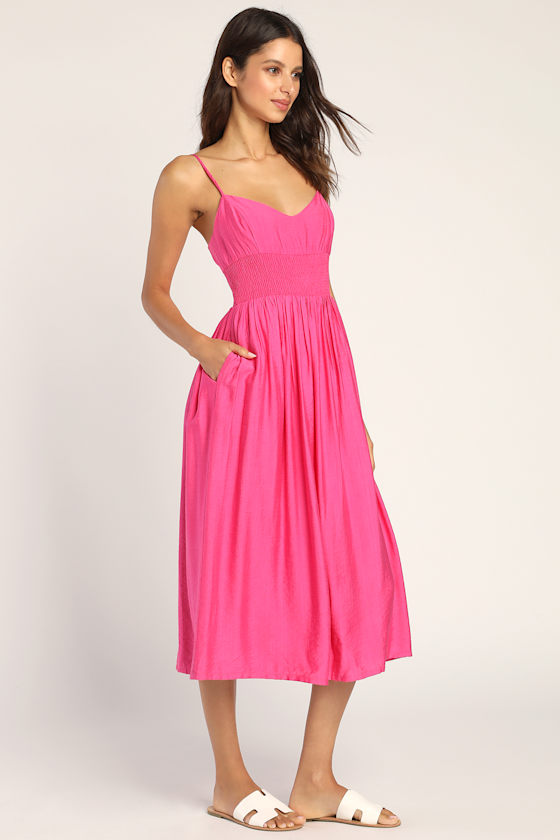 Cute Pink Midi Dress - Smocked Midi Dress - Hot Pink Dress - Lulus