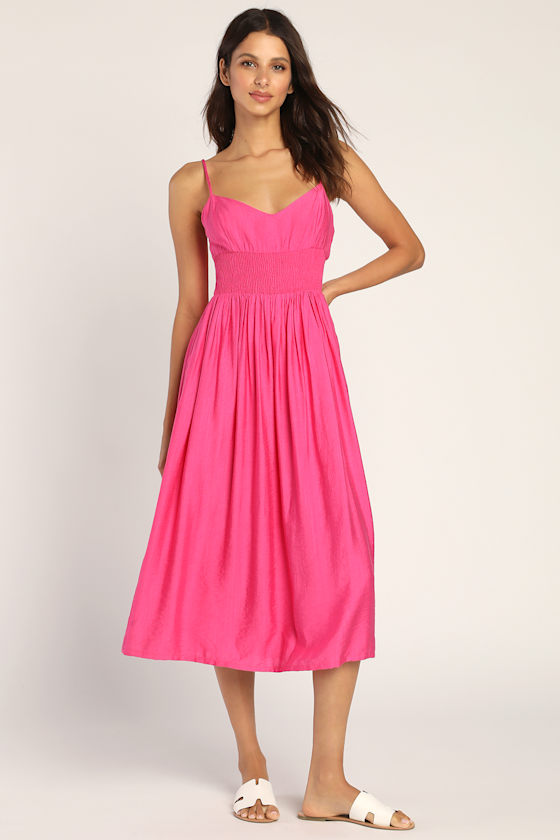 Cute Pink Midi Dress - Smocked Midi Dress - Hot Pink Dress - Lulus