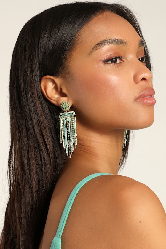 Teal Rhinestone Earrings - Beaded Earrings - Fringe Earrings - Lulus