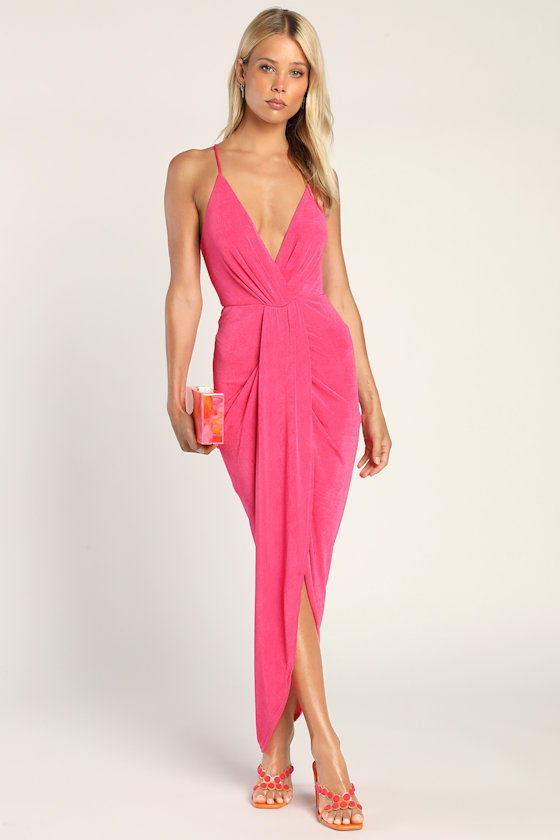 Hot Pink Dress - Surplice Midi Dress - Draping Tulip Hem Dress - Lulus