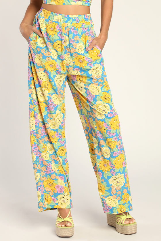 Blue Floral Pants - Wide-Leg Pants - High-Waisted Floral Pants - Lulus