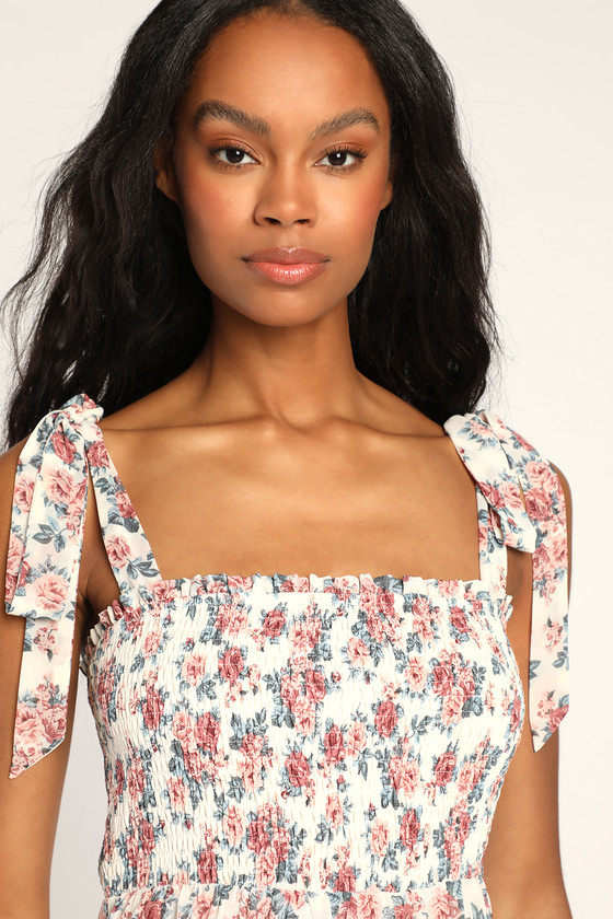 White Floral Print Mini Dress Ruffled Dress Tie Strap Dress Lulus