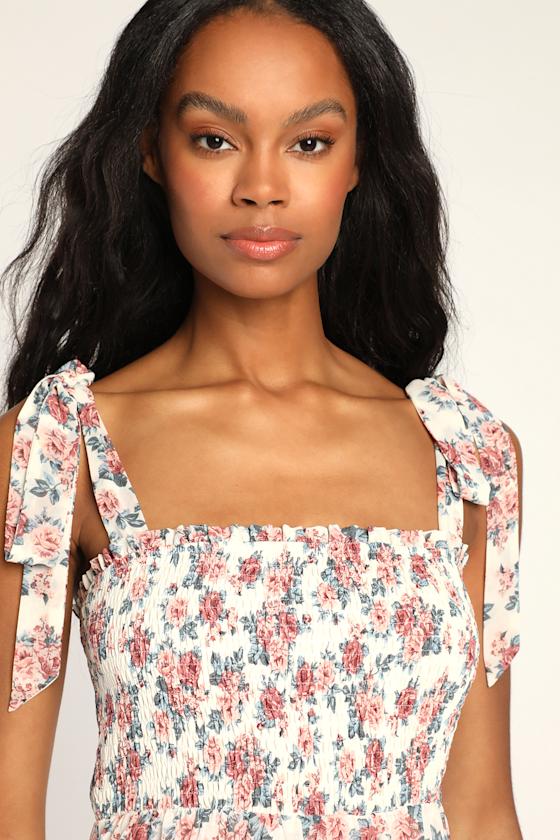 White Floral Print Mini Dress Ruffled Dress Tie Strap Dress Lulus