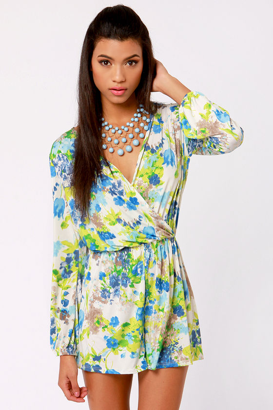 Cute Blue Floral Romper Print Romper Long Sleeve Romper Lulus