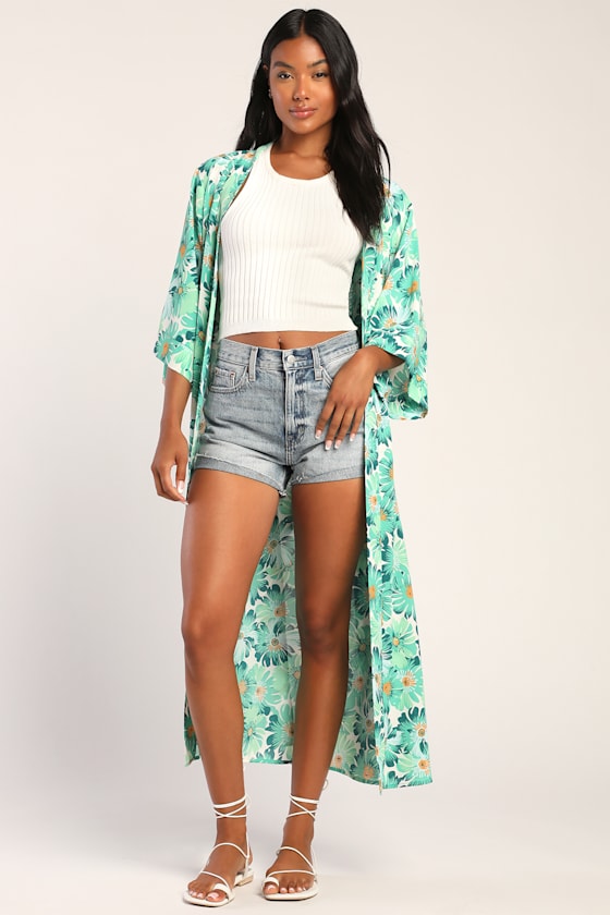 Green Duster Top - Floral Print Duster - Slit Tying Duster - Lulus