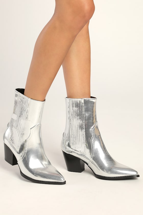Chic Silver Boots - Mid-Calf Booties - Faux Leather Boots - Lulus