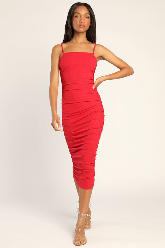 Red Ribbed Midi Dress - Bodycon Dress - Ruched Midi Dress - Lulus