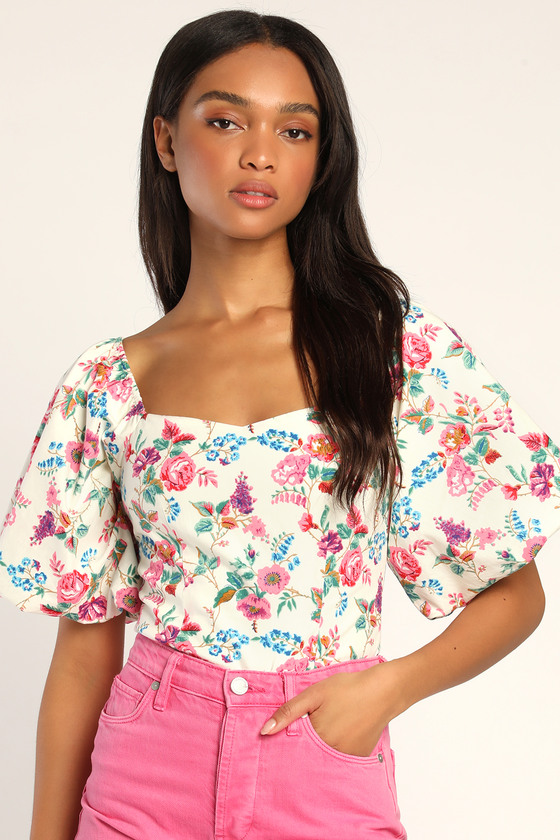 Cream Floral Bodysuit Puff Sleeve Top Puff Sleeve Bodysuit Lulus