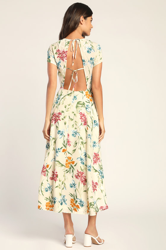 Ivory Floral Print Dress Midi Dress Tie Back Dress Lulus