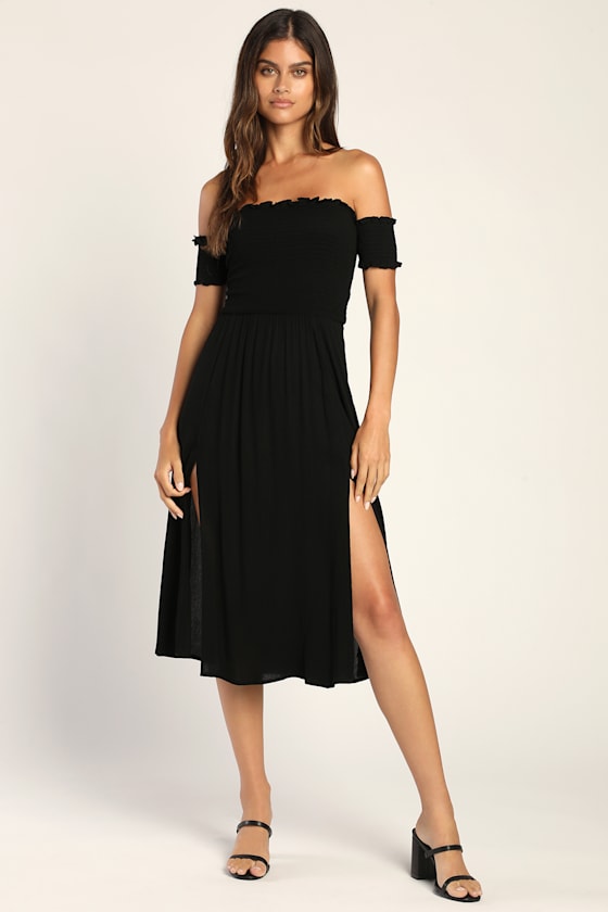 Black Dress - Off-the-Shoulder Midi Dress - Black Smocked Dress - Lulus