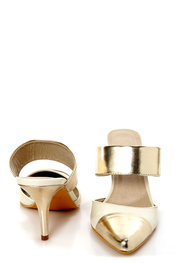 C Label Nina 5 Gold and Cream Cap-Toe Pointed Heels - $37.00 - Lulus