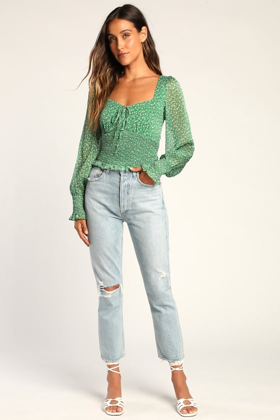 Green Floral Top - Long Sleeve Top - Floral Smocked Top - Lulus