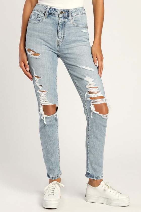 Light Wash Denim Jeans - High Waisted Jeans - Distressed - Lulus
