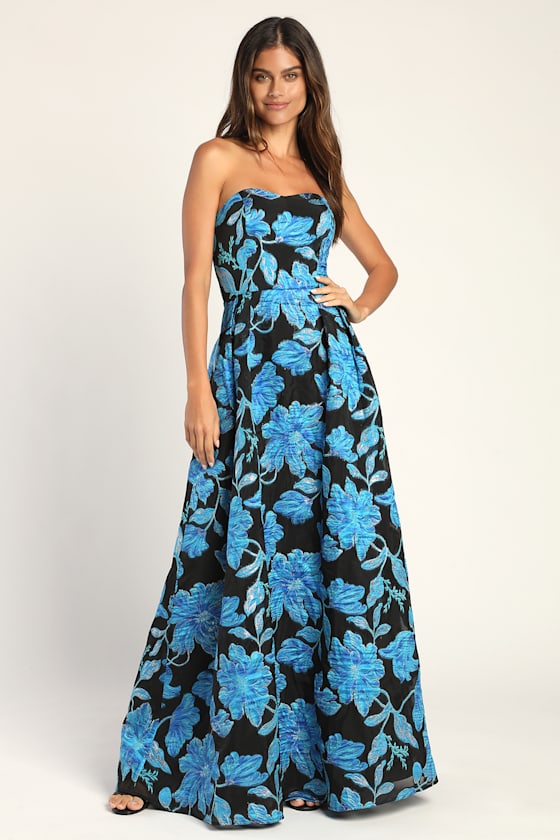 Floral Jacquard Dress - Strapless Maxi Dress - Black Maxi Dress - Lulus
