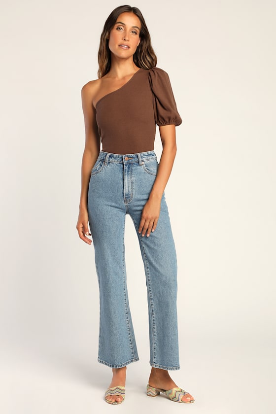 Brown Ribbed Bodysuit - Puff Sleeve Bodysuit - One-Shoulder Top - Lulus