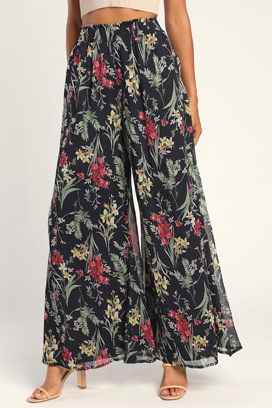 Navy Blue Floral Pants - Wide Leg Pants - Breezy Chiffon Pants - Lulus
