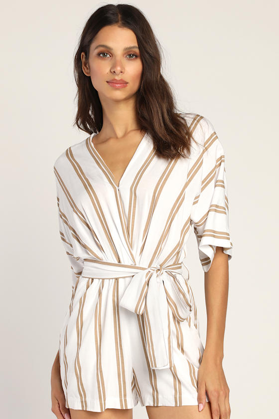 LUSH - Taupe and White Striped Romper - Striped Surplice Romper - Lulus