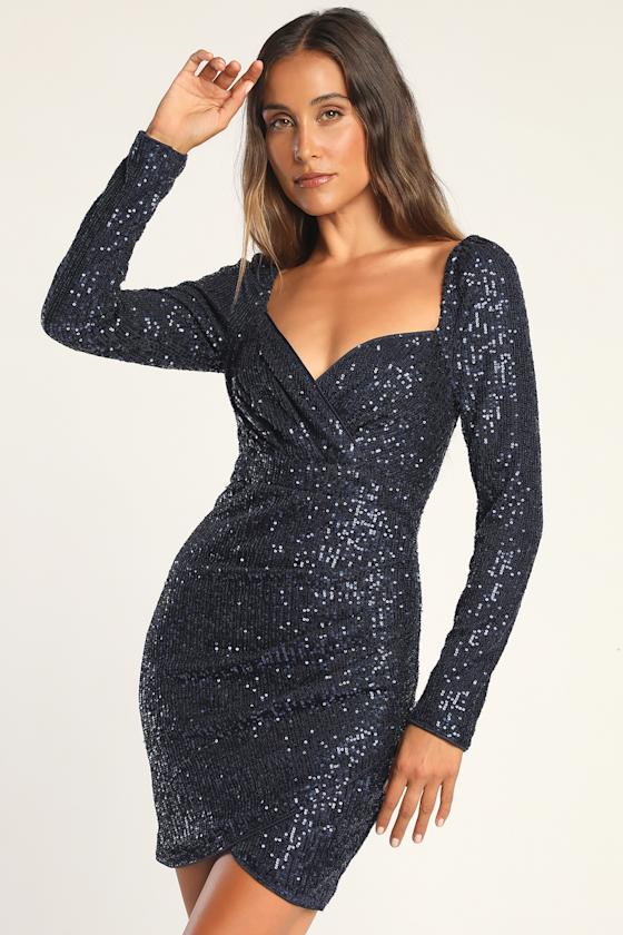 Navy Blue Mini Dress - Blue Sequin Dress - Surplice Mini Dress - Lulus