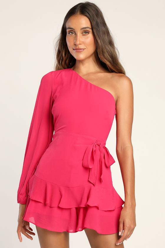 Hot Pink Romper - One-Shoulder Romper - Pink Ruffled Romper - Lulus