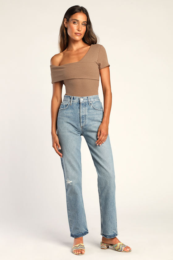 Light Brown Bodysuit - Ribbed Bodysuit - One Shoulder Bodysuit - Lulus