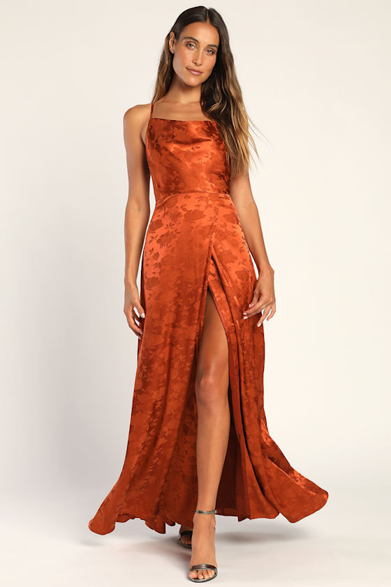 Rust Orange Maxi Dress - Satin Jacquard Dress - Cowl Neck Dress - Lulus
