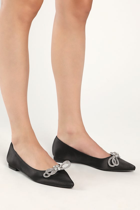 Black Flats- Pointed-Toe Flats - Rhinestone Flats - Satin Flats - Lulus