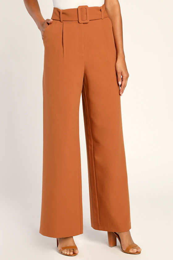 Belted High-Waisted Pants - Wide-Leg Pants - Brown Office Pants - Lulus