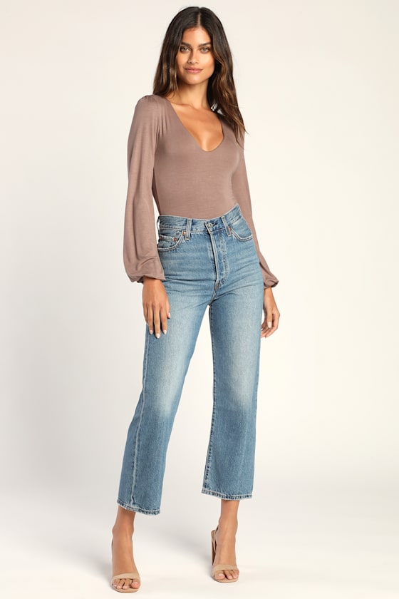 Cute Taupe Bodysuit - V-Neck Bodysuit - Balloon Sleeve Bodysuit - Lulus