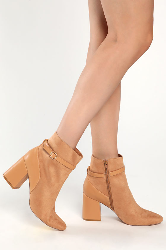 Faux Suede Camel Booties - Ankle Booties - Block Heel Boots - Lulus
