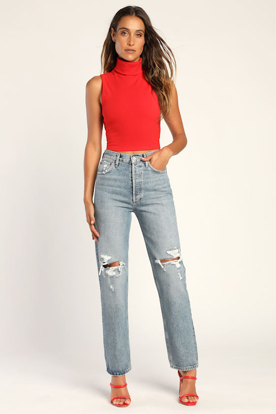 Red Ribbed Tank Top - Crop Tank Top - Turtleneck Tank Top - Lulus