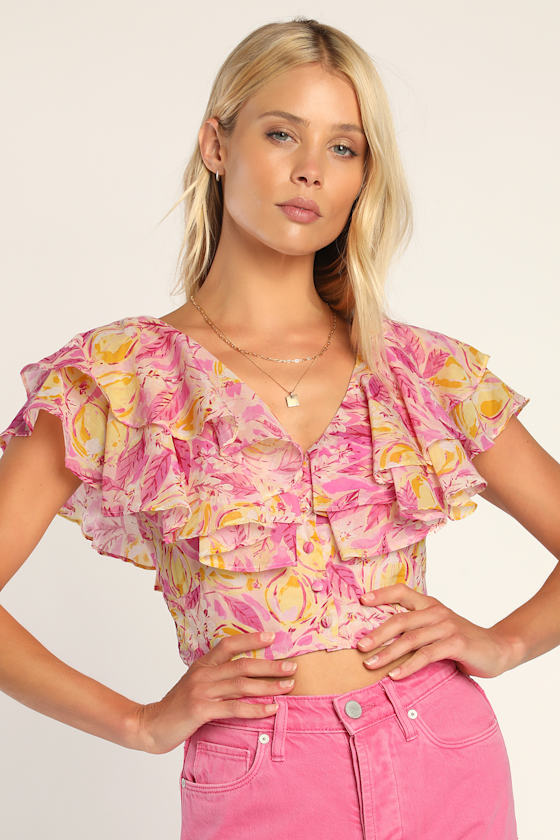 Lemon Print Top - Button-Front Crop Top - Tiered Ruffle Top - Lulus