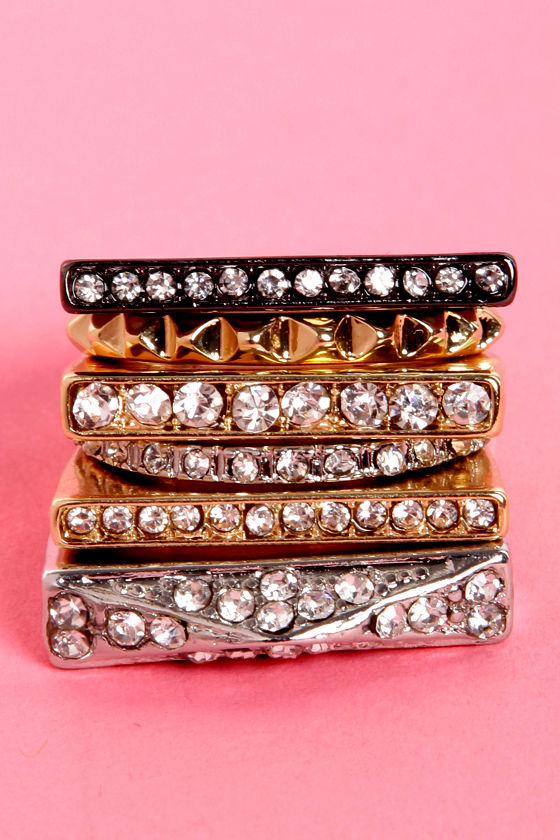 Pretty Rhinestone Ring Set - Stacking Rings - Mixed Metal Rings - $14. ...