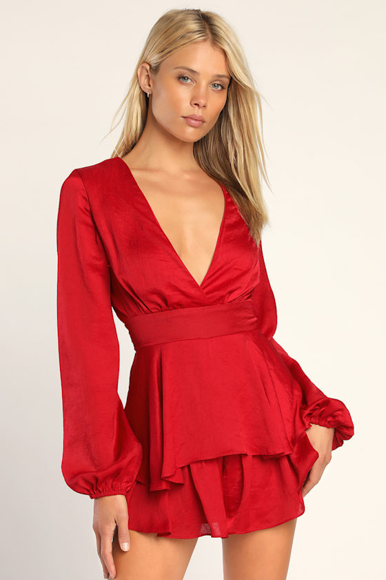 Red Long Sleeve Romper - Tiered Skort Romper - Surplice Romper - Lulus