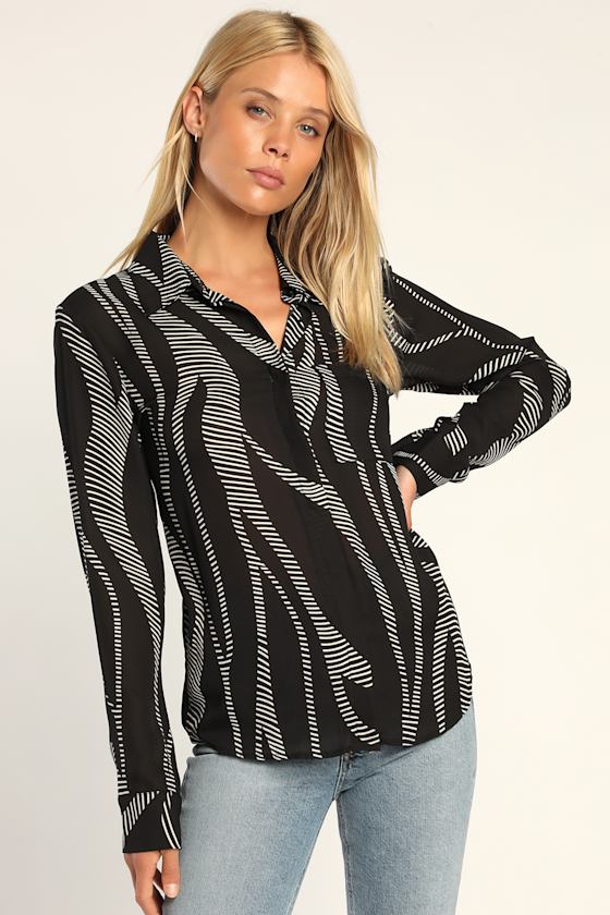 Black and Ivory Top - Print Button-Up Blouse - Long Sleeve Top - Lulus