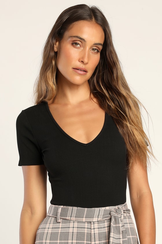 Black Bodysuit Ribbed Knit Bodysuit Short Sleeve Bodysuit Lulus