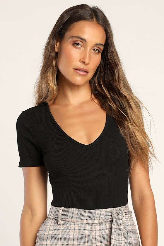 Black Bodysuit - Ribbed Knit Bodysuit - Short Sleeve Bodysuit - Lulus