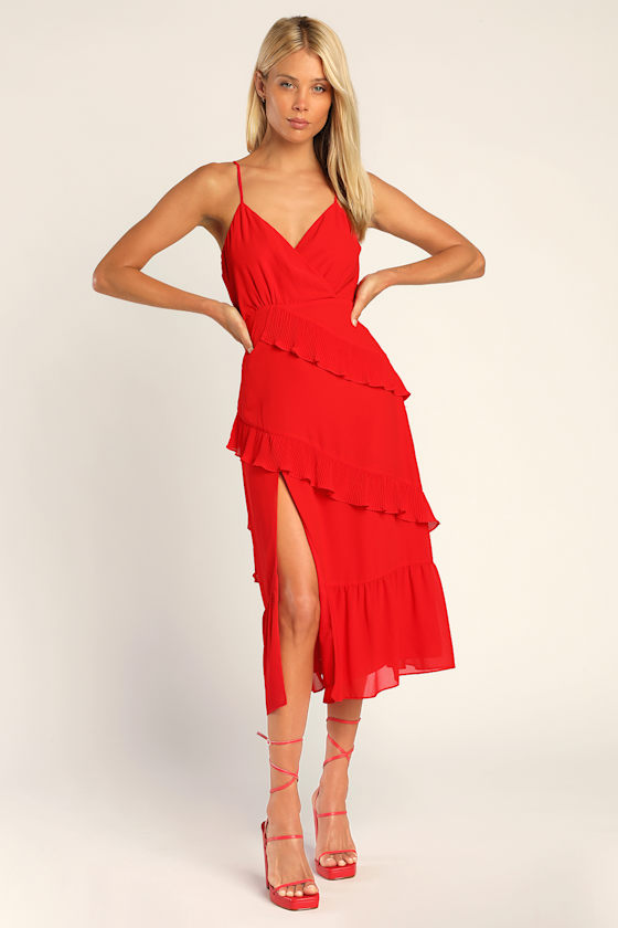 Red Ruffled Dress - Ruffled Midi Dress - Slit Midi Dress - Lulus