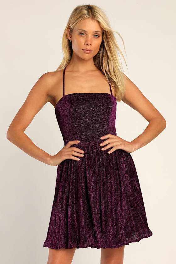 Purple Sparkly Mini Dress - Glitter Skater Dress - Lace-Up Dress - Lulus