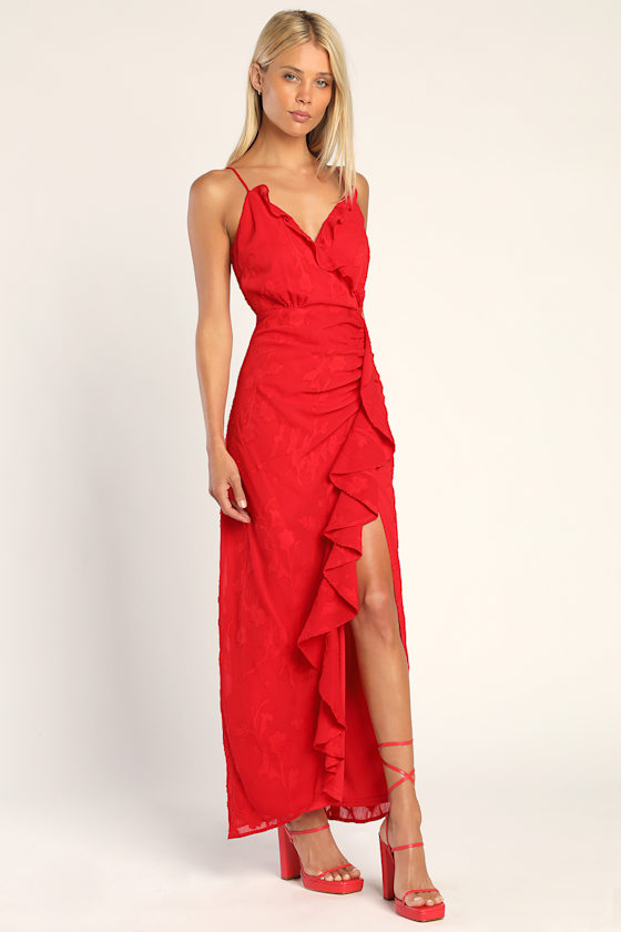 Red Ruffled Maxi Dress - Surplice Dress - Romantic Maxi Dress - Lulus