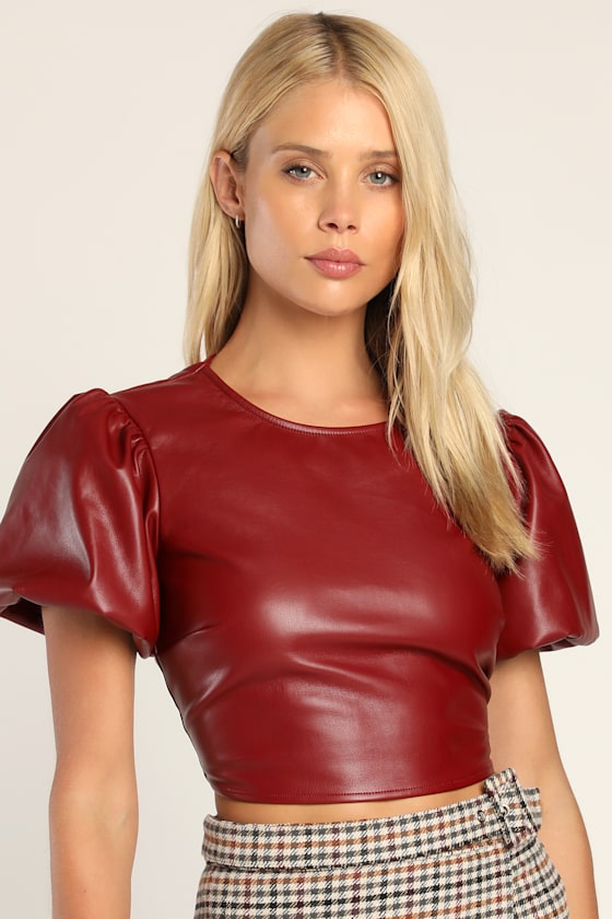 Wine Red Faux Leather Top Lace Up Crop Top Womens Tops Lulus