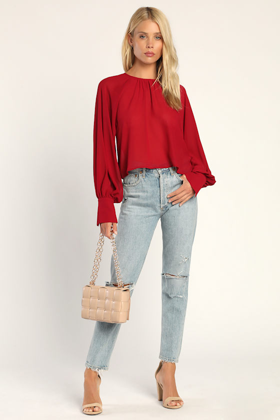 Red Sheer Top - Long Sleeve Top - Sheer Chiffon Top - Lulus