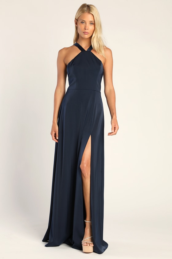 Navy Blue Gown Blue Satin Maxi Dress Halter Maxi Dress Lulus