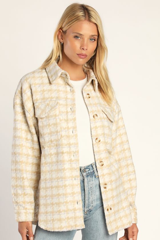 Beige Houndstooth Shacket - Cute Light Jacket - Button-Up Jacket - Lulus