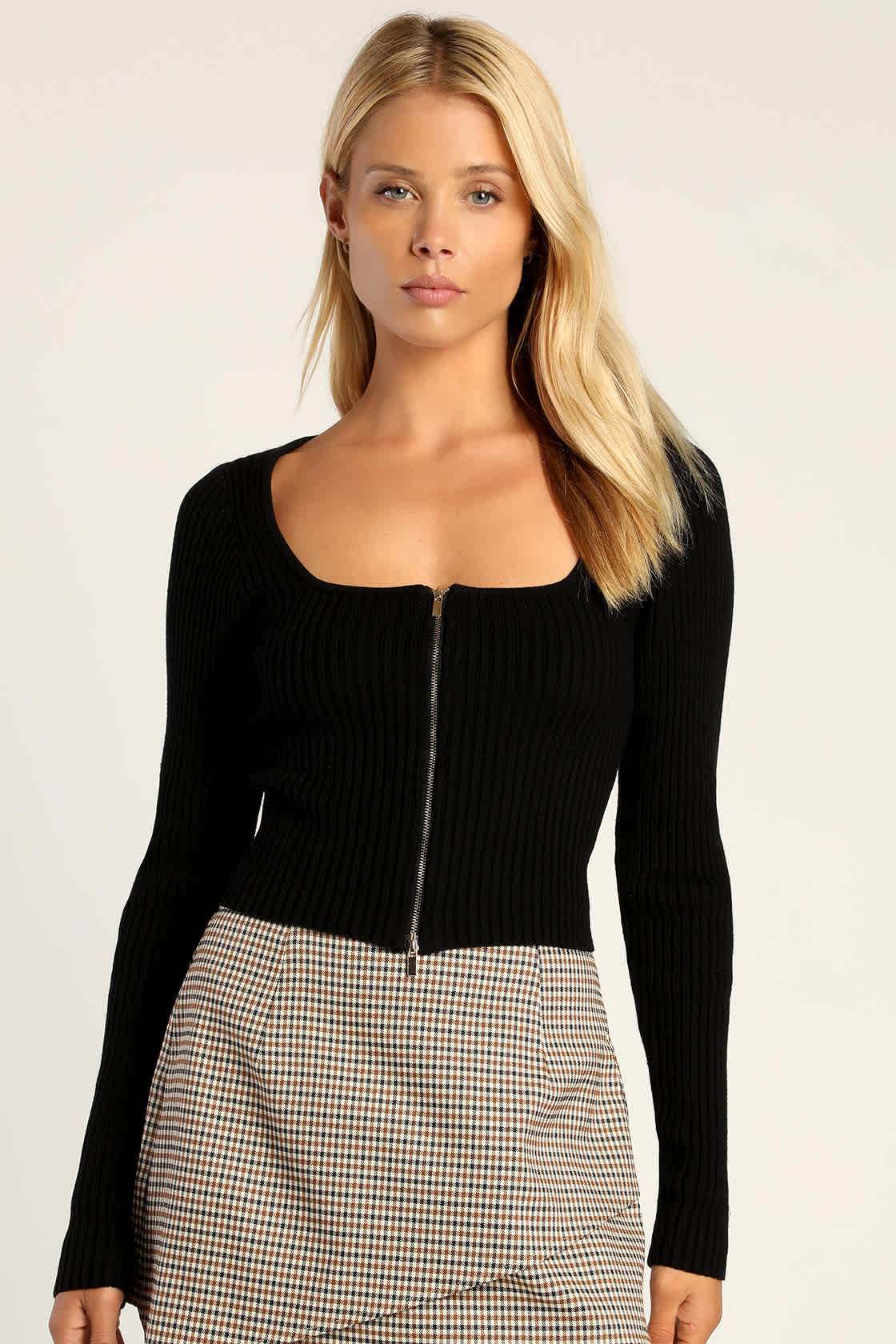 Black Ribbed Top - Long Sleeve Knit Top - Zip Front Top - Lulus
