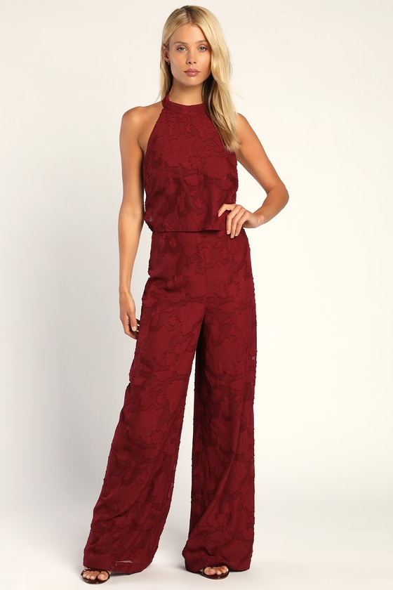 Cute Burgundy Jumpsuit Floral Burnout Jumpsuit Chic Jumpsuit Lulus