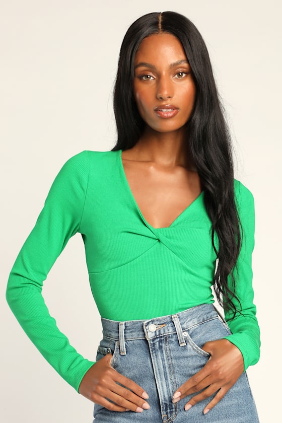 Green Top - Long Sleeve Top - Twist-Front Top - Ribbed Top - Lulus