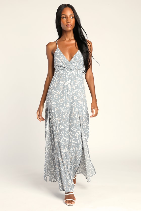 Slate Blue Floral Dress Backless Dress Lace Up Maxi Dress Lulus