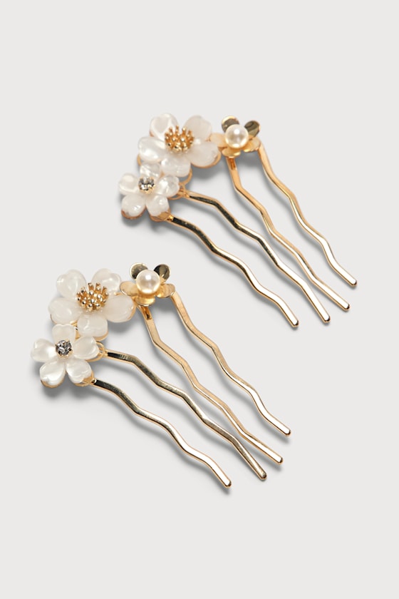 Gold and White Hair Comb Set - Flower Hair Combs - Hair Comb Set - Lulus